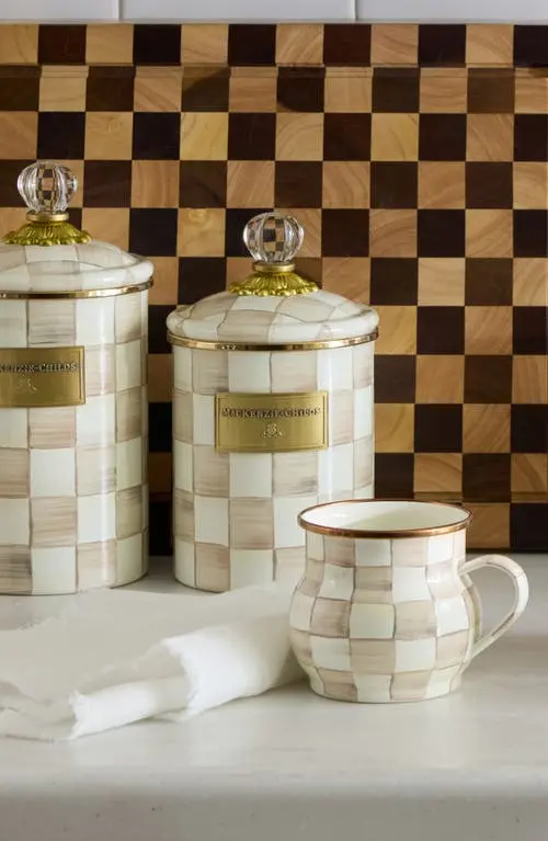 MACKENZIE-CHILDS Check Medium Enameled Steel Canister - Mocha