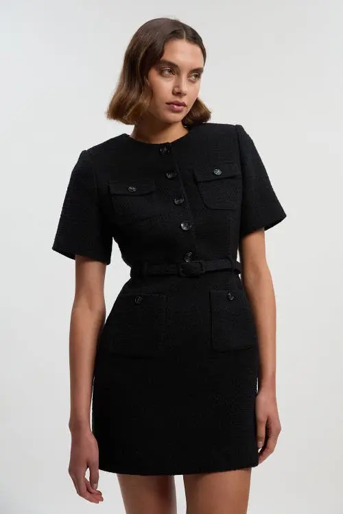 Karen Millen Tweed Belted Mini Dress - Black