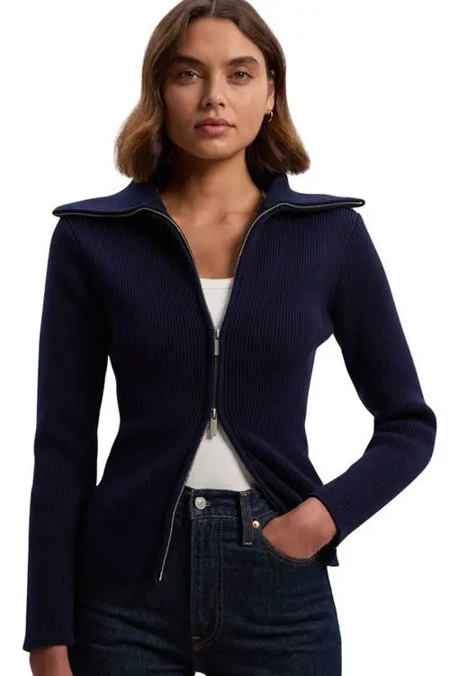 Karen Millen Cotton Zip Through Collared Knit Cardigan - Navy