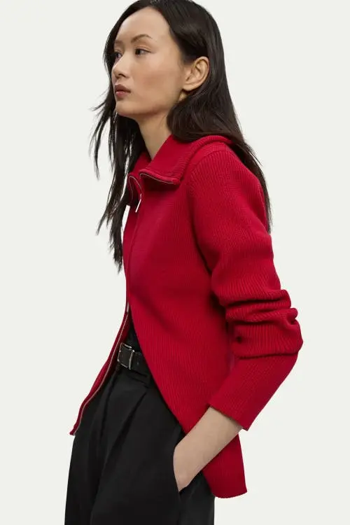 Karen Millen Cotton Zip Through Collared Knit Cardigan - Red