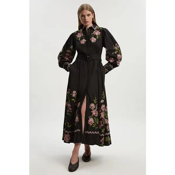 Karen Millen Rose Embroidered Cotton Shirt Dress - Black