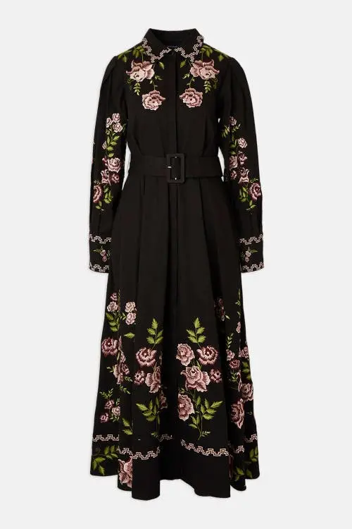Karen Millen Rose Embroidered Cotton Twill Shirt Dress