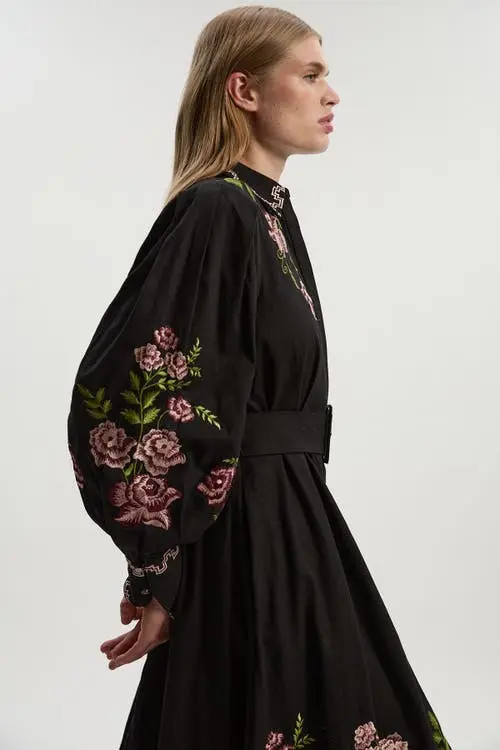 Karen Millen Rose Embroidered Cotton Twill Shirt Dress