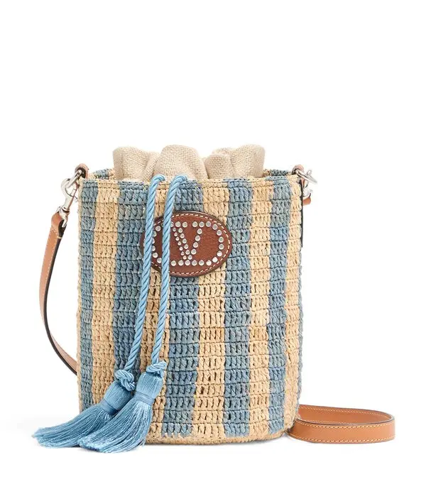 Valentino Garavani Straw Vlogo Signature Bucket Bag - Blue