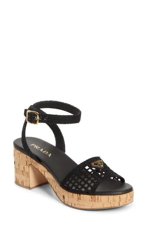 Prada Crochet Cork Platform Sandal - Black