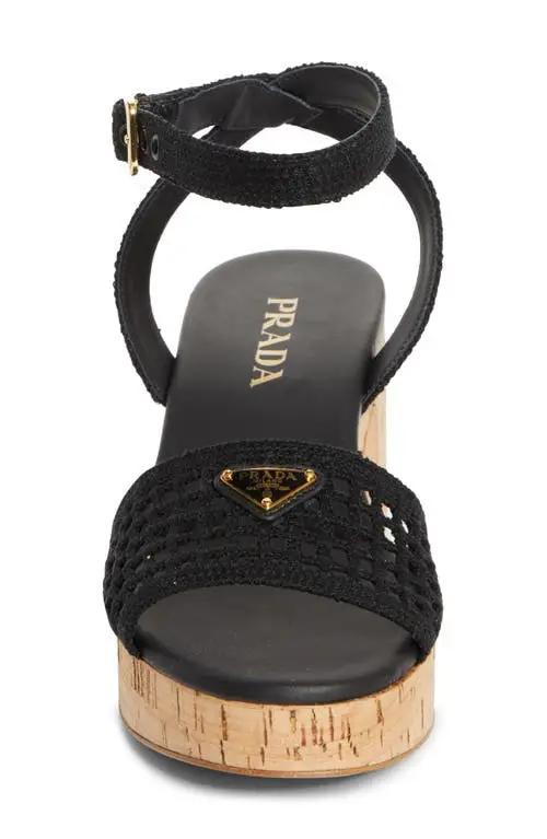Prada Crochet Cork Platform Sandal - Black