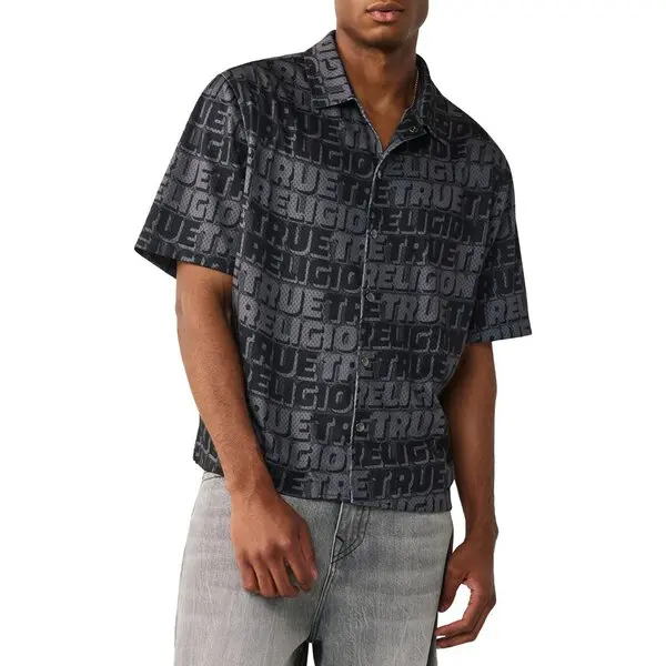 True Religion Logo Mesh Short Sleeve Snap-up Shirt