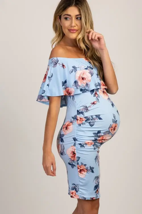 PINKBLUSH Rose Print Ruffle Fitted Maternity Dress