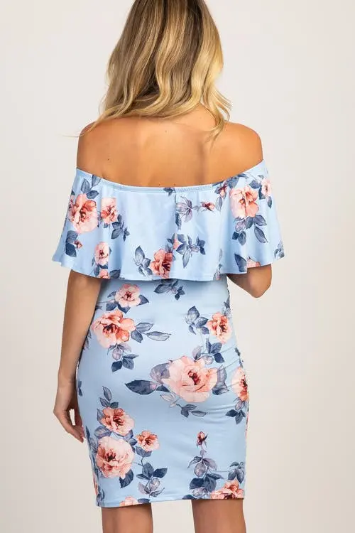 PINKBLUSH Rose Print Ruffle Fitted Maternity Dress