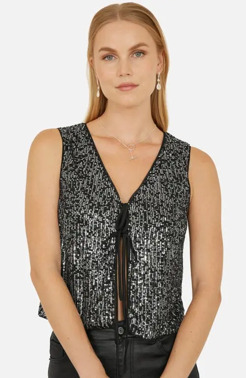 YUMI Sequin Tie Front Waistcoat Top - Black