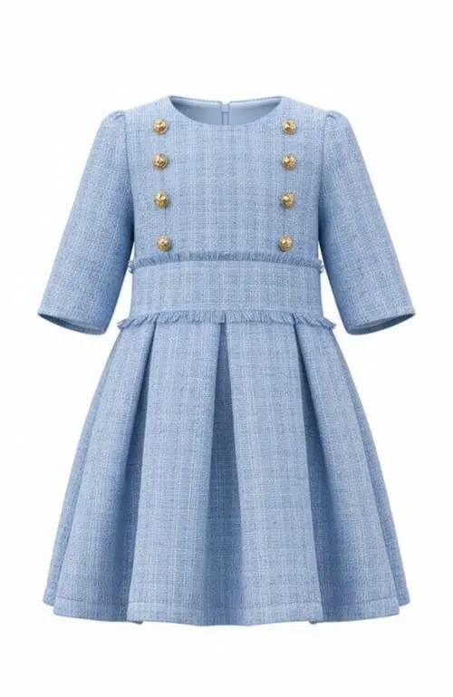MIA BELLE GIRLS Tweed Party Dress With Pearl Buttons - Blue