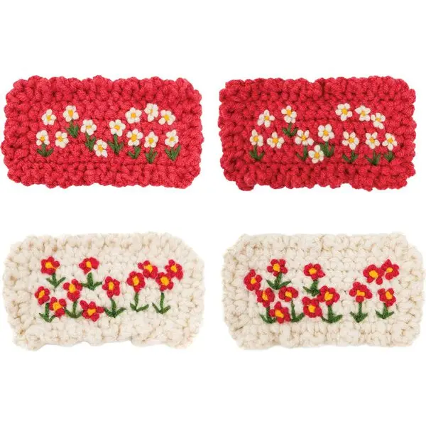 PUTTISU Hand-crocheted Floral Hair Clip Set Of 4 - Red & Cream