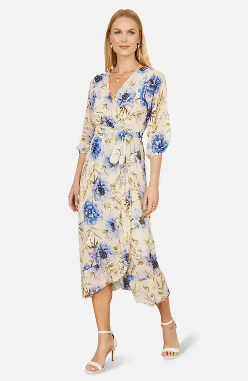YUMI 3/4 Sleeve V-neck Wrap Midi Dress