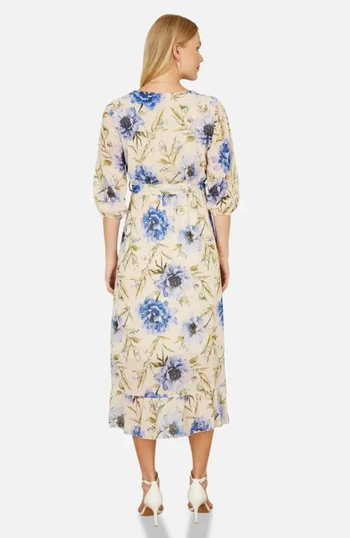 YUMI 3/4 Sleeve V-neck Wrap Midi Dress