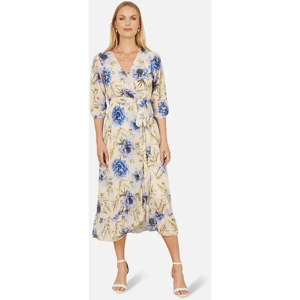 YUMI 3/4 Sleeve V-neck Wrap Midi Dress - Cream
