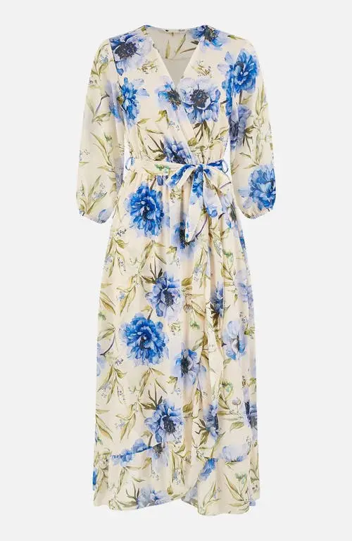 YUMI 3/4 Sleeve V-neck Wrap Midi Dress