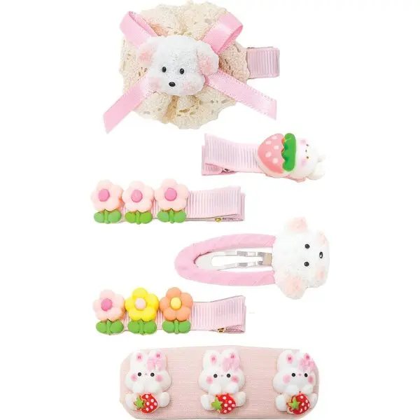 PUTTISU Puppy & Bunny Garden Hair Clip Set Of 6 - Pink