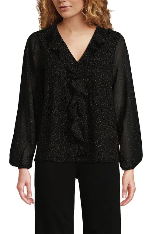 LANDS' END Chiffon Ruffle Front Pleated Blouse - Black Terrazzo Dot