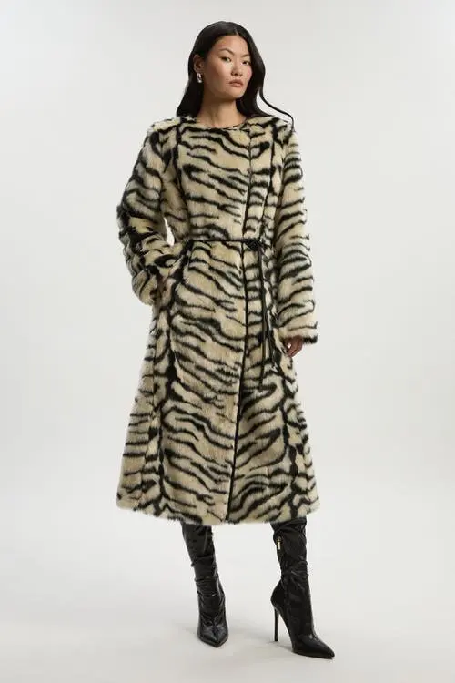 Karen Millen Faux Fur Animal Print Belted Midi Coat - Mono