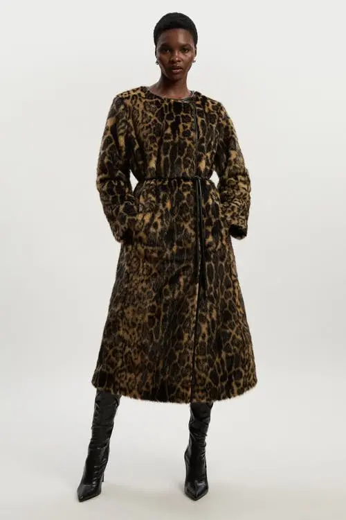Karen Millen Faux Fur Animal Print Belted Midi Coat - Multi