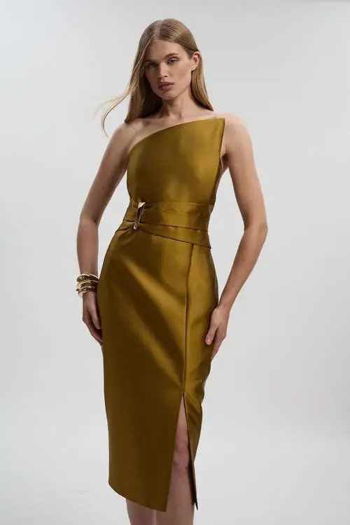 Karen Millen Satin Twill Asymmetric Neck Midi Dress - Gold