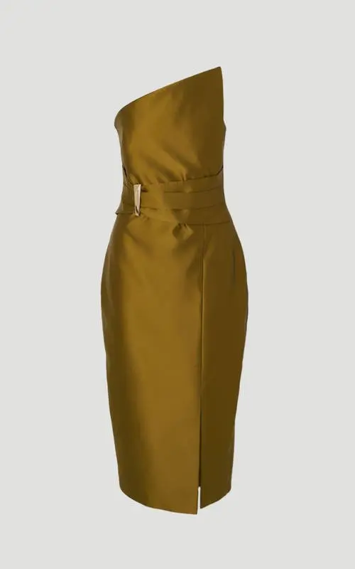 Karen Millen Satin Twill Asymmetric Neck Midi Dress