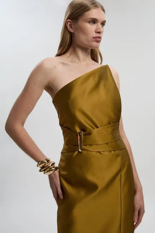 Karen Millen Satin Twill Asymmetric Neck Midi Dress