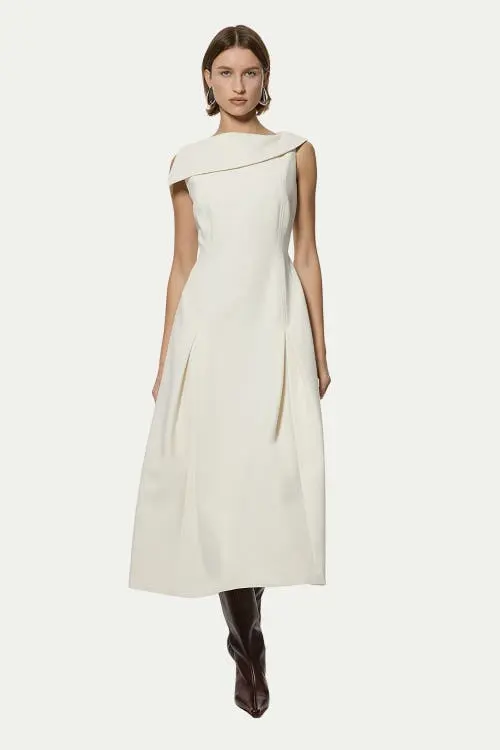 Karen Millen Asymmetrical Neck Tailored Midi Dress - Ivory