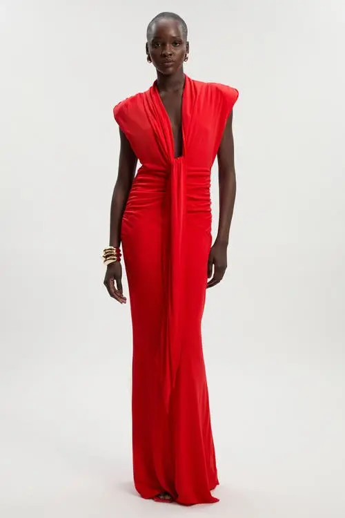 Karen Millen Plunge Ruched Twist Maxi Dress - Red