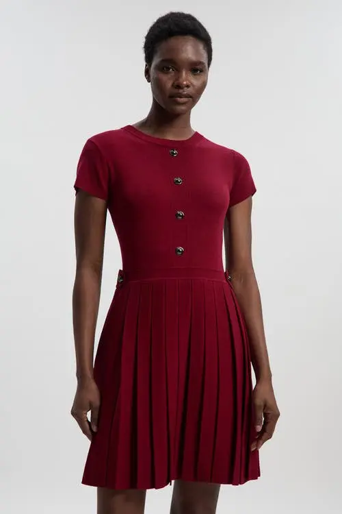 Karen Millen Viscose Tab Pleated Knit Mini Dress - Burgundy