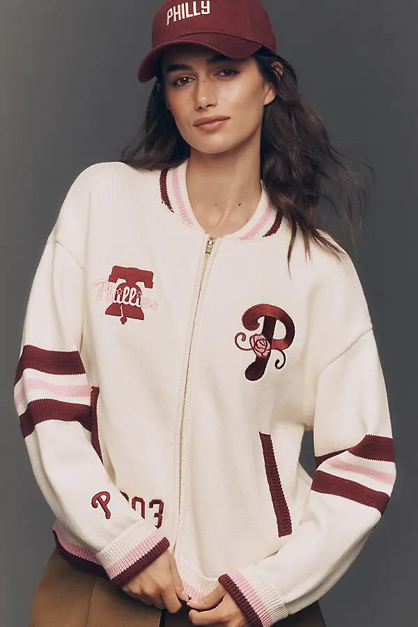 THE WILD COLLECTIVE Jacquard Varsity Bomber Jacket - Phillies