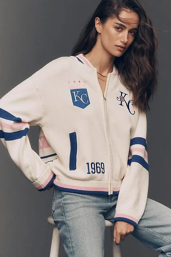 THE WILD COLLECTIVE Jacquard Varsity Bomber Jacket - Royals