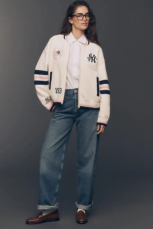 THE WILD COLLECTIVE Jacquard Varsity Bomber Jacket - Yankees