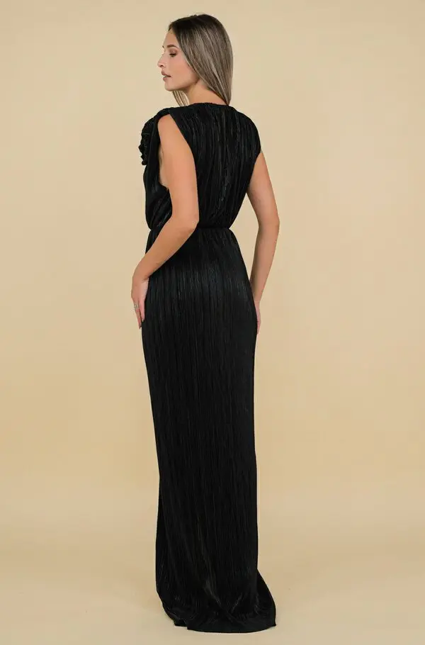 ROSERRY Sicily Maxi Pleated Lurex Satin Dress - Black