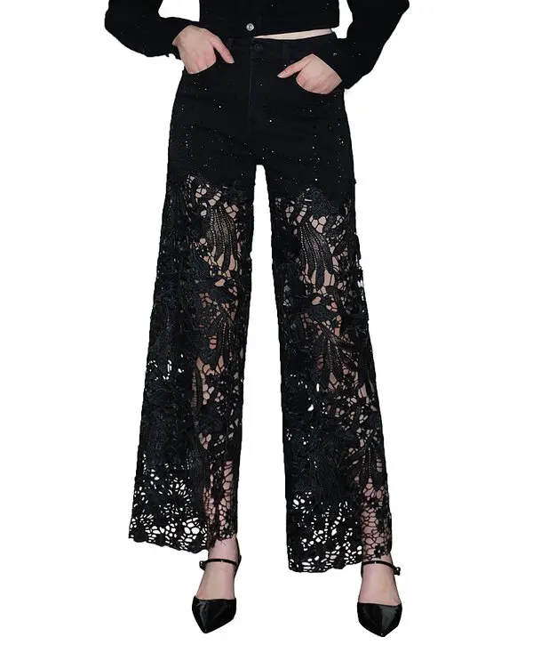 BAYEAS Wide Leg Lace Jeans With Rhinestone Embellishments - Black
