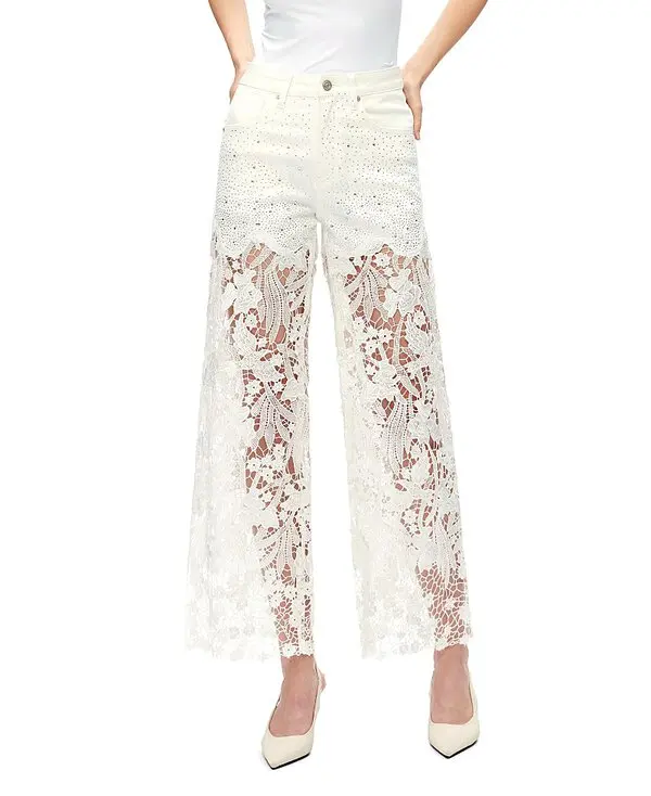 BAYEAS Embroidery Wide Leg Lace Jeans With Rhinestone In Wash - White