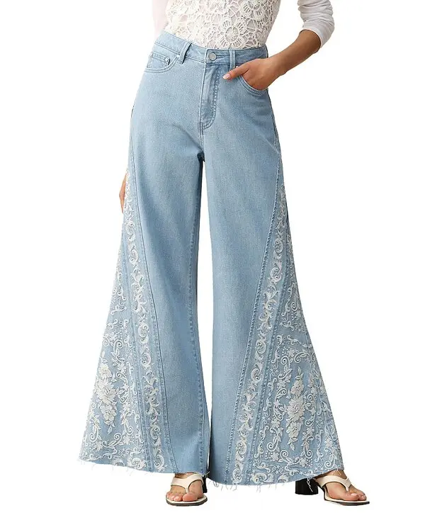 BAYEAS High Rise Flare Jeans Botanical Embroidery With Raw Hem In Wash - Light Blue