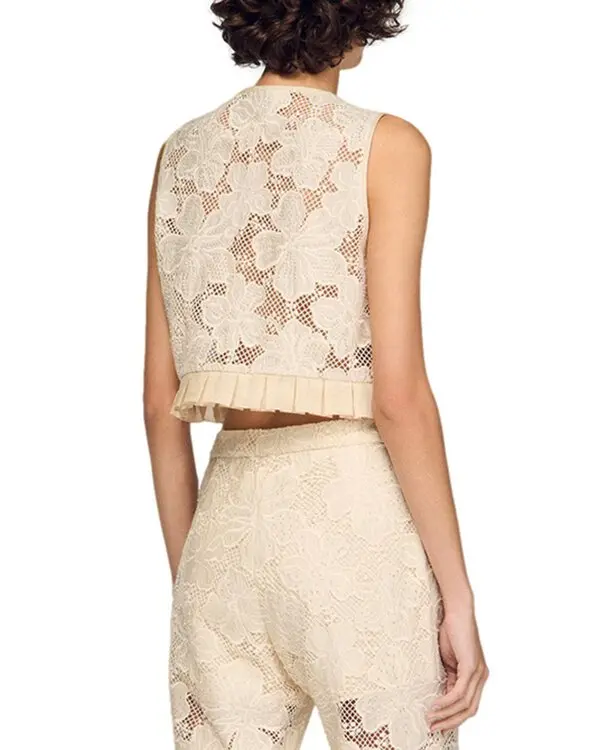 Sandro Guipure Lace Ruffle Crop Top - Ecru