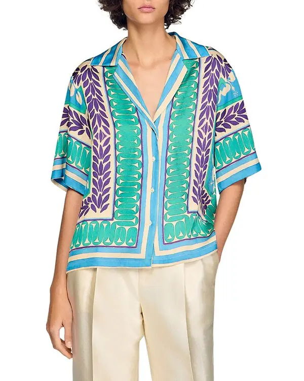 Sandro Printed Button Down Shirt - Green / Purple