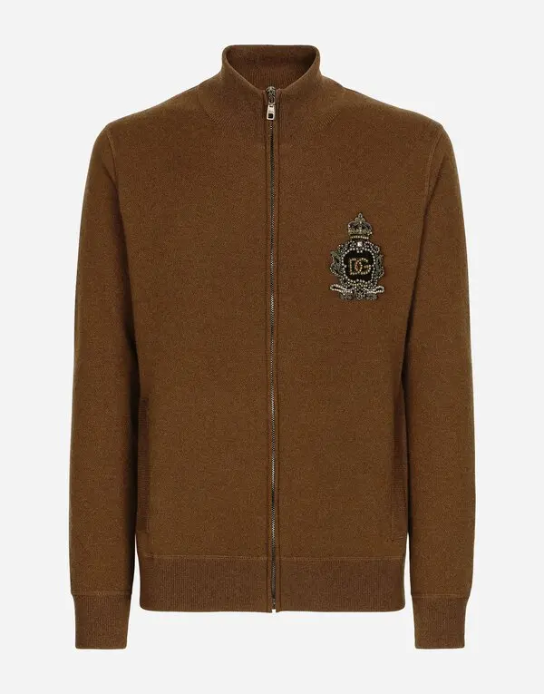 Dolce & Gabbana Wool And Cashmere Knit Zip-up Sweater With Dg Patch - Brown