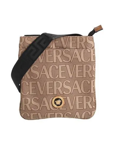 Versace Cross-body Bag With Logo Print And Adjustable Strap - Beige