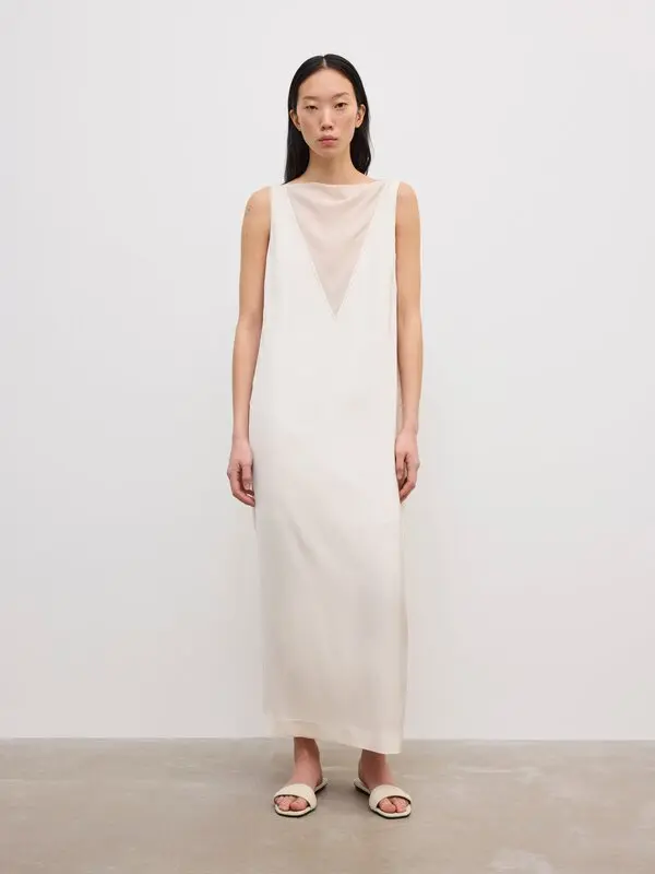 HOUSE OF DAGMAR Sheer V-neck Midi Dress - Pearl White