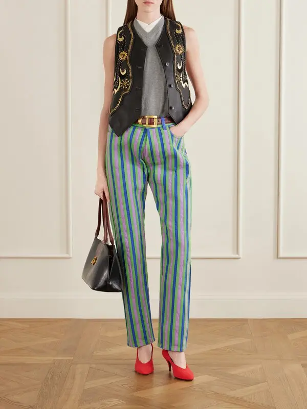 Versace Striped Paneled Mid-rise Straight-leg Jeans - Blue