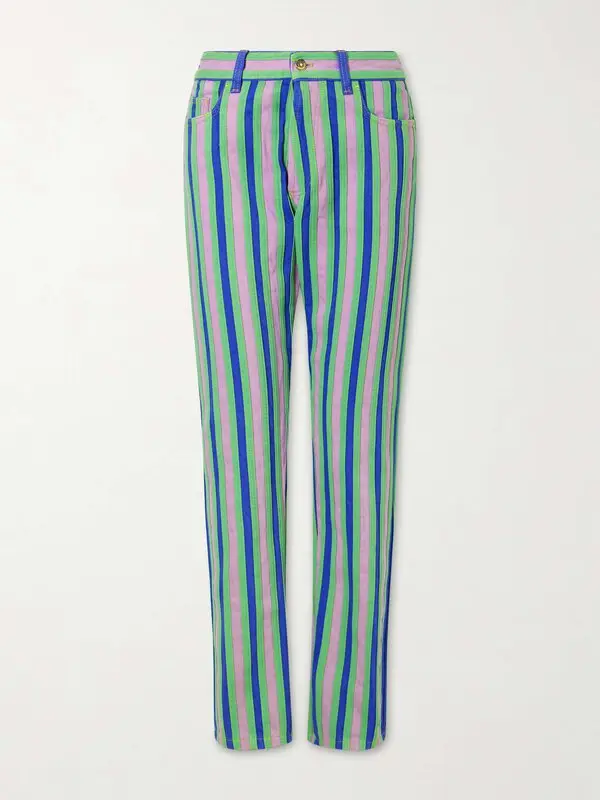 Versace Striped Paneled Mid-rise Straight-leg Jeans - Light Denim