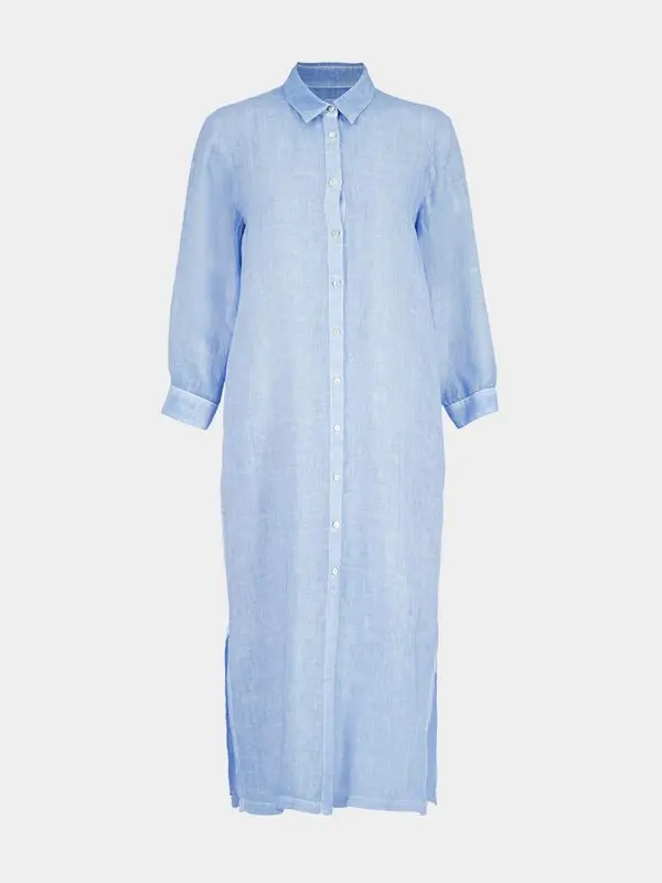 120% Lino Linen Maxi Shirt Dress - Blue