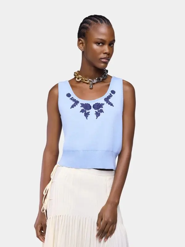 Rabanne Floral Embroidered Knit Tank - Blue