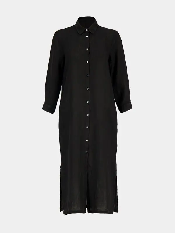 120% Lino Linen Maxi Shirt Dress By - Black