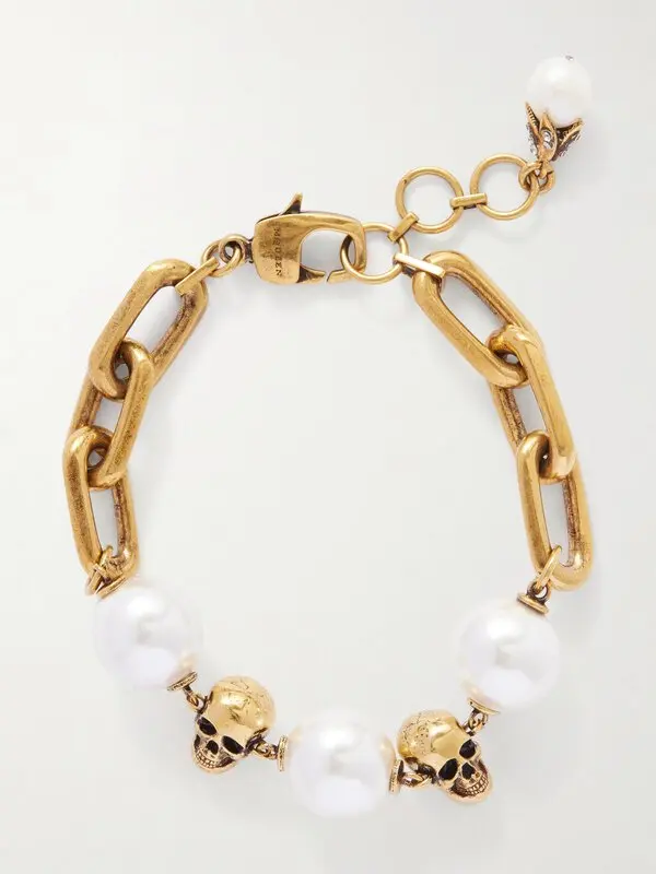 Alexander McQueen Skull Faux Pearl Chain Bracelet - Gold