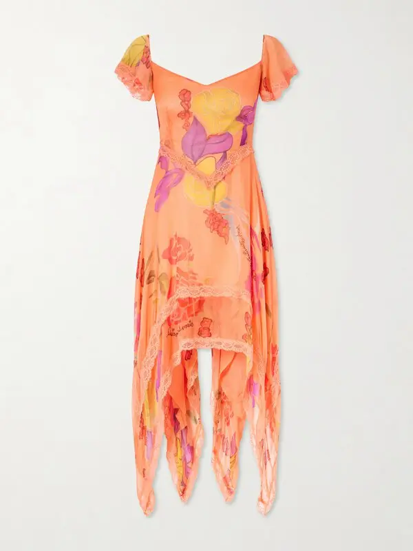 DONDE ESTEBAN Guava Flores Ruffled Asymmetric Lace-trimmed Silk-chiffon Midi Dress - Orange