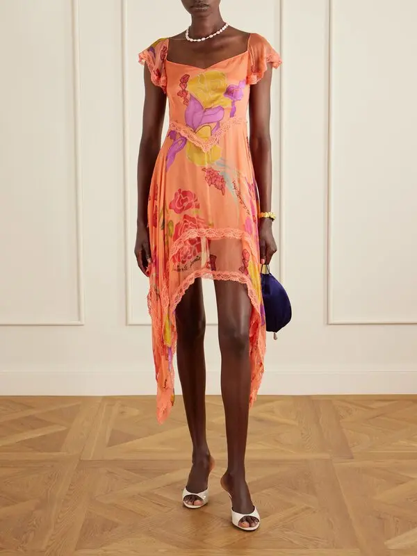 DONDE ESTEBAN Flores Ruffled Asymmetric Lace-trimmed Silk-chiffon Midi Dress
